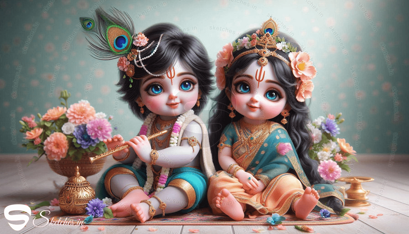 Baby Radha Krishna Portrait - Rectangular - Sketches.in