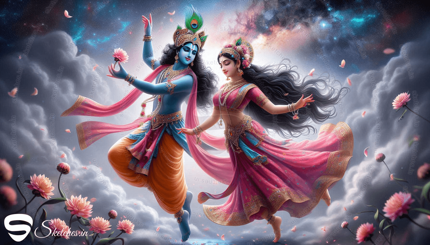 Radha Krishna Dancing Portrait 2 - Rectangular - Sketches.in